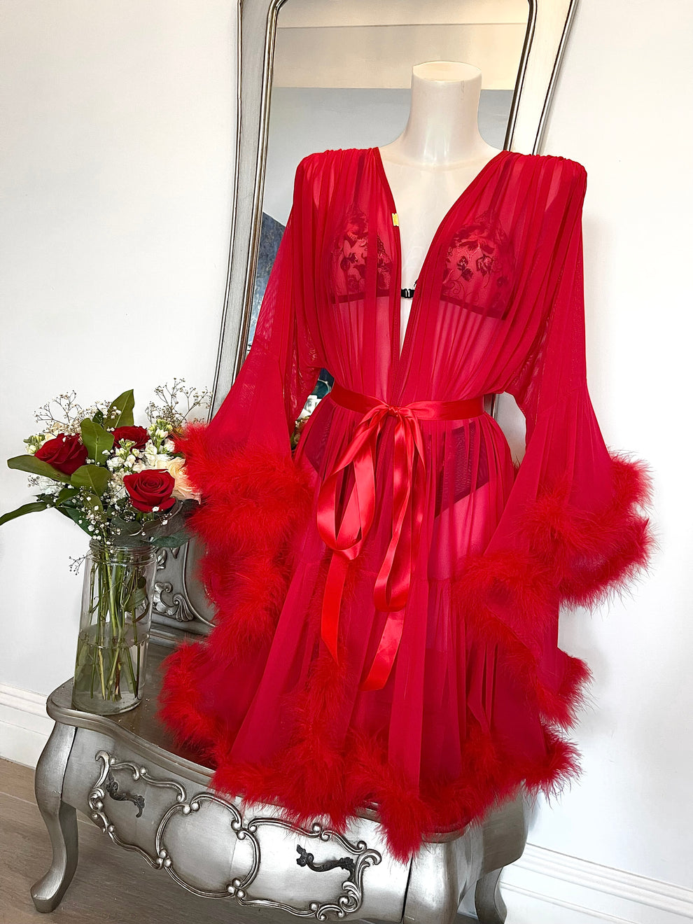 Short Red Mesh Vintage Hollywood Inspired Feather Robe – Lucy Amber ...