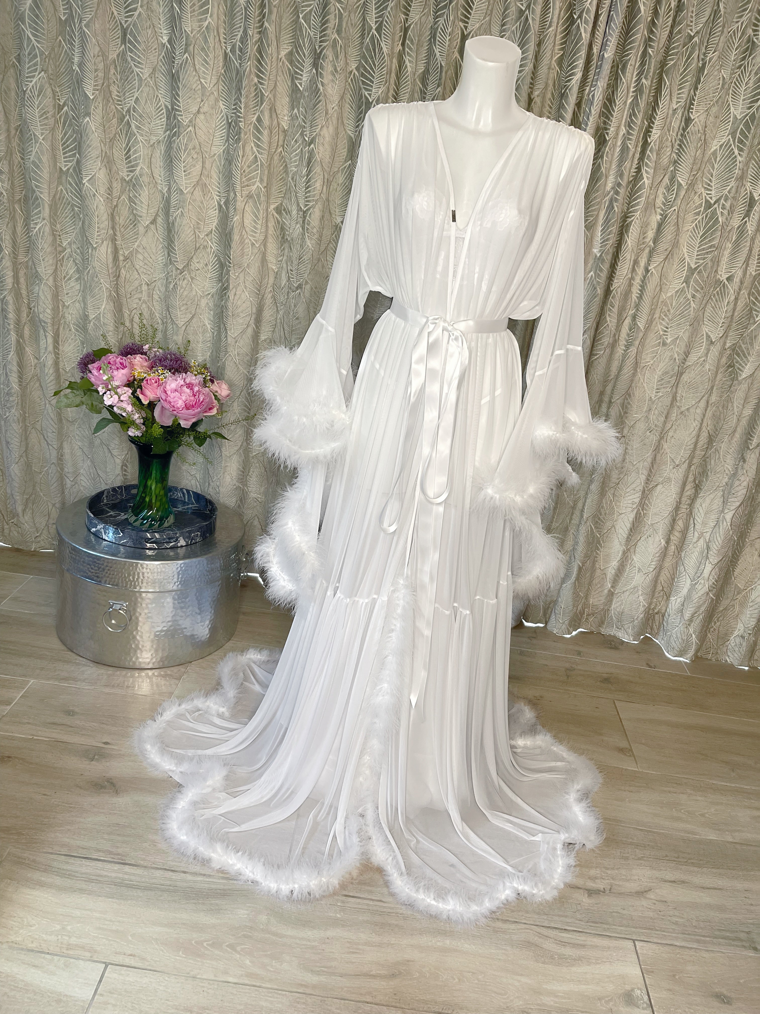 Long White Mesh Bridal Vintage Hollywood Inspired Feather Robe – Lucy ...
